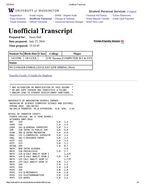 University of Washington Unofficial Transcript | PDF