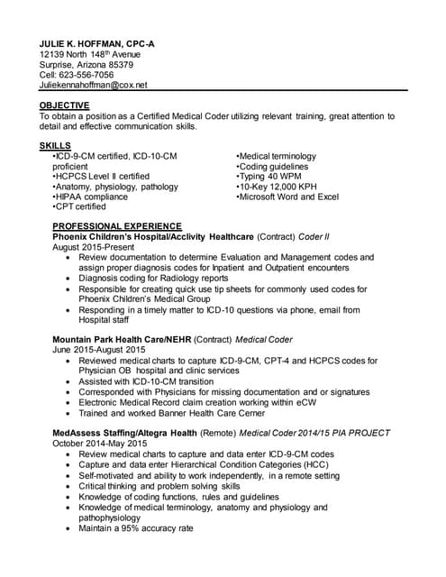 Cheryl Springer, CPC-A Resume | DOCX | Healthcare Industry | Industries