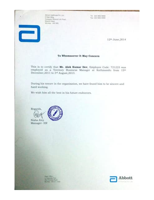 ALOK PFIZER RECOMMENDATION LETTER | PDF