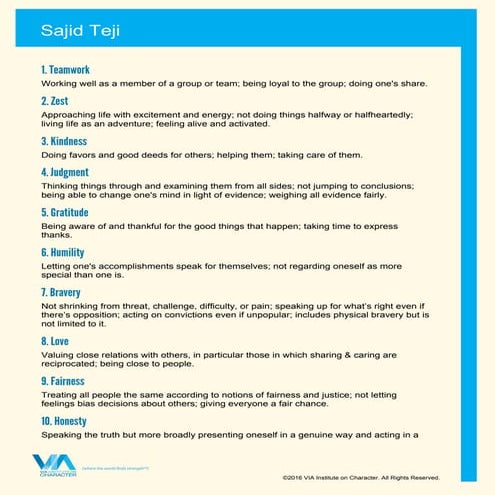 Strengths Profile - VIA Institute on Character (Mr. Sajid Teji) | PDF