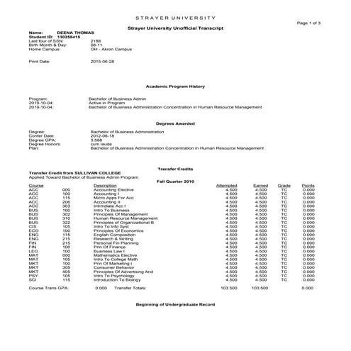 Strayer University Unofficial Transcript | PDF