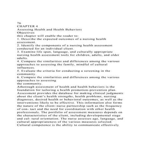 76 CHAPTER 4 Assessing Health and Health Behaviors Objecti.docx