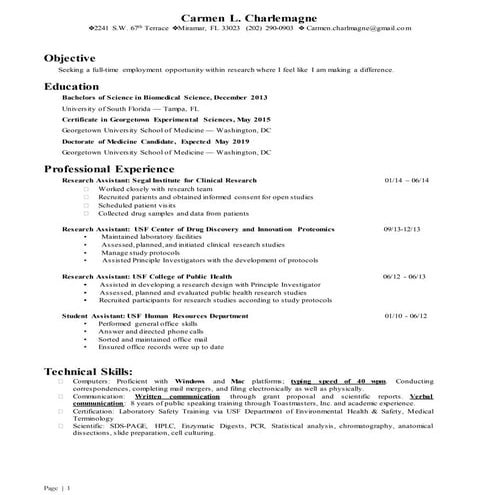 Carmen Charlemagne's Resume | PDF
