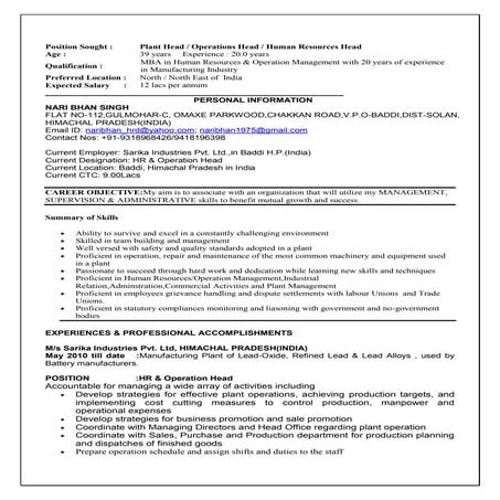 CV for Plant Head-NBS | DOCX