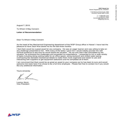 Letter of Recommendation - Zack Woo | PDF