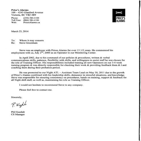 Prices Alarms Letter of Reference | PDF