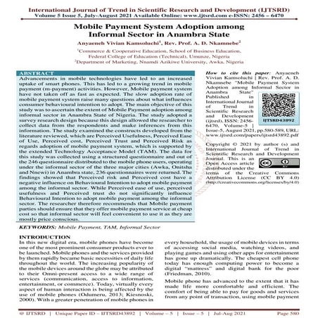 Mobile Payment System Adoption among Informal Sector in Anambra State | PDF