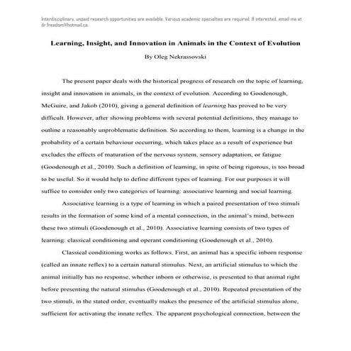 Learning, Insight, and Innovation in Animals in the Context of ...