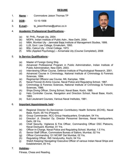 RESUME - CAPTAIN NP PATNAIK (Indian Navy) | DOC | Defense Industry ...