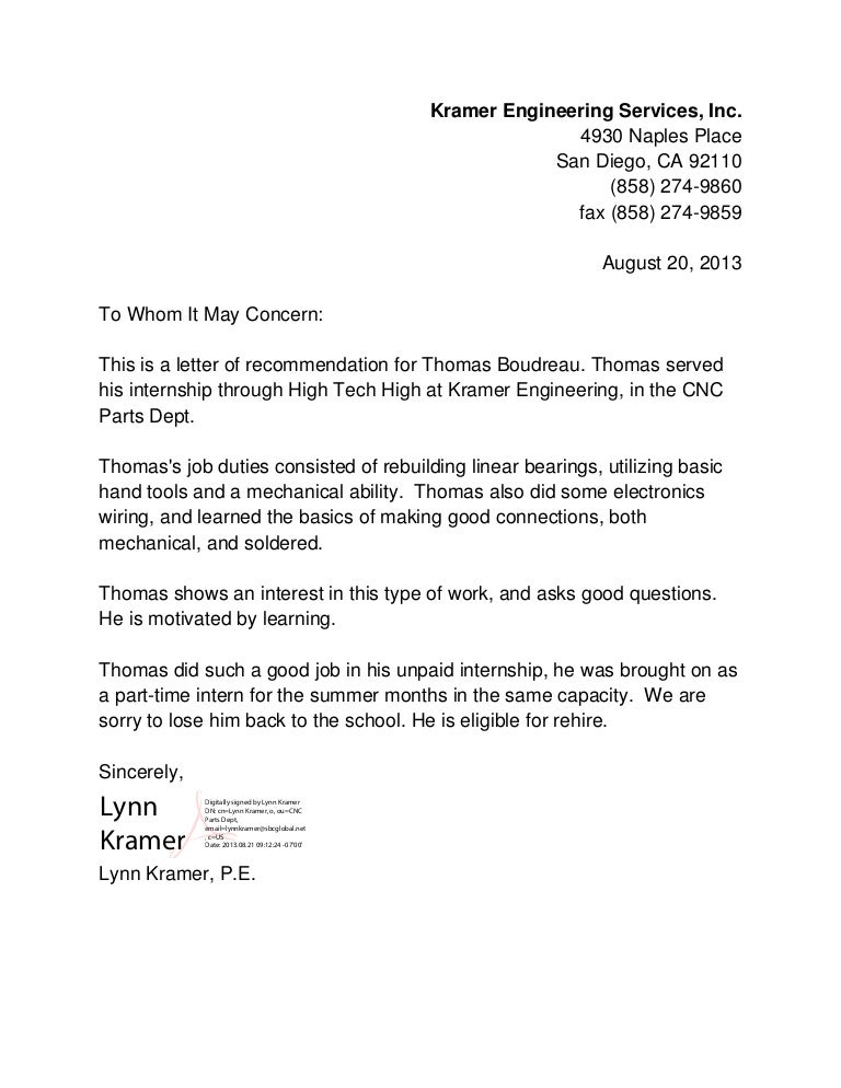 Kramer Engineering Letter Of Recommendation