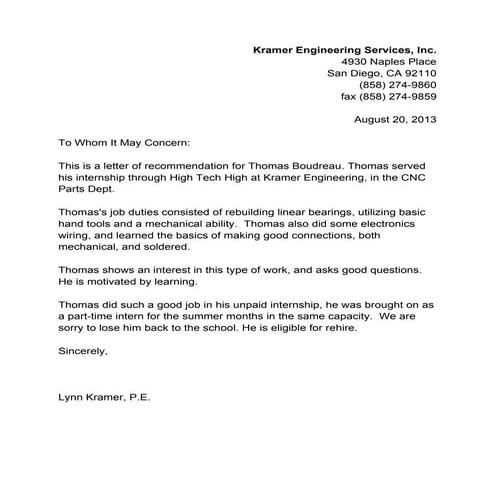 Kramer Engineering Letter Of Recommendation | PDF