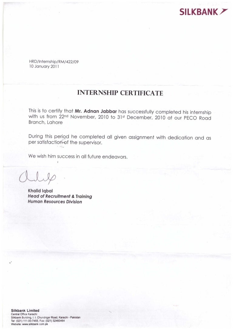 Internship Certificate-Silk bank