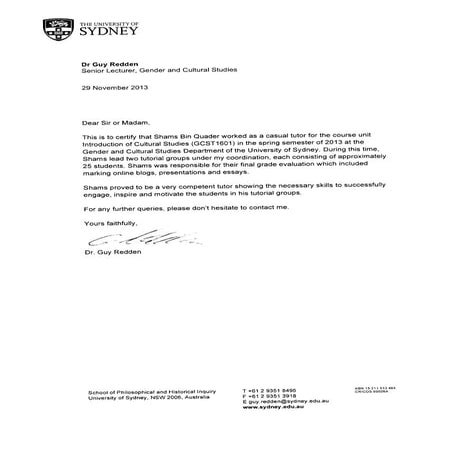 Usyd Tutor Certificate Letter | PDF