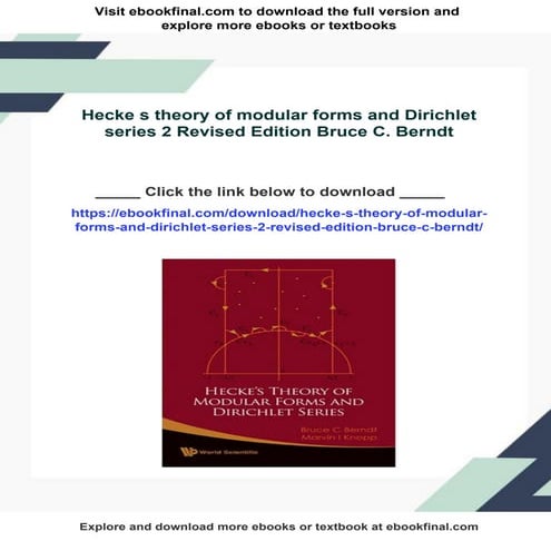 Hecke S Theory Of Modular Forms And Dirichlet Series 2 Revised Edition