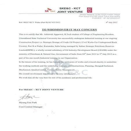 SK E&C-KCT JV Certificate of Completion | PDF