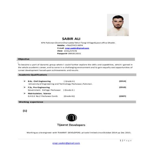 Sabir ali cv light(engr.saabir@gmail.com) | PDF