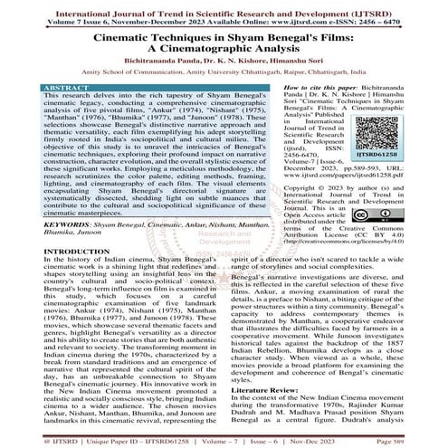 Cinematic Techniques in Shyam Benegals Films A Cinematographic Analysis | PDF