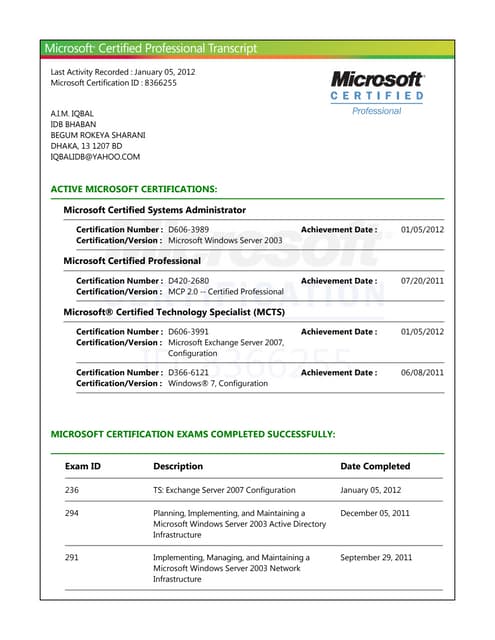 Microsoft Learning Transcript | PDF | Computing | Technology & Computing