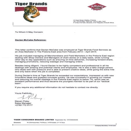Declan McCabe Reference Letter Tiger Brands | PDF