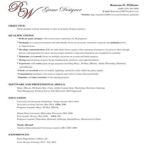 Ramona's Resume Game Design | PDF