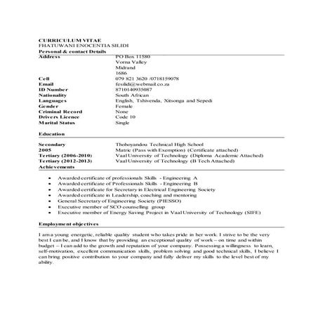Curriculum Vitae of Fhatuwani Enocentia Silidi_2016 | DOCX