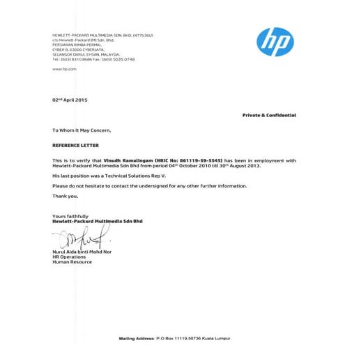 Hewlett-Packard Experince Letter | PDF