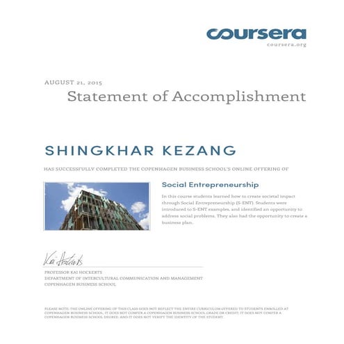Coursera Statement of Accomplishment_CBS Social Entrepeneurship MOOC | PDF