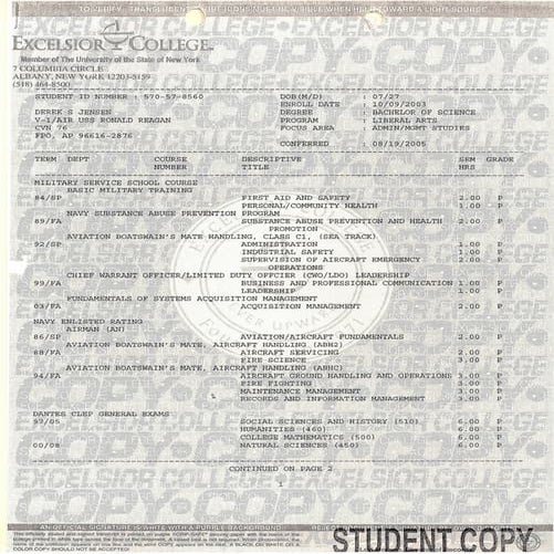 Derek Jensen's Excelsior Transcript 1 of 3 | PDF