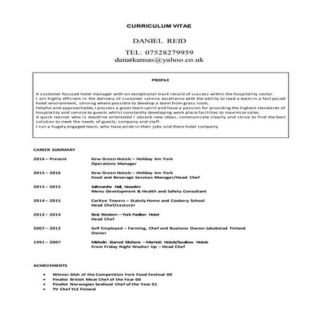 Dan Reid CV 2016 | DOCX | Hospitality Industry | Industries