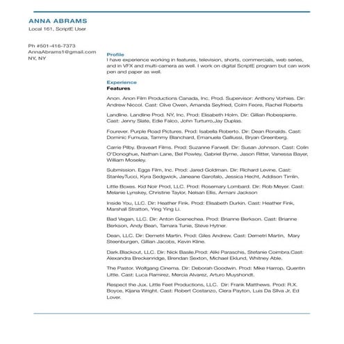 Script Supervising Resume | PDF | Television | Entertainment