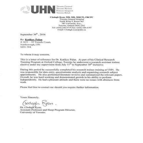 UHN - Reference Letter | PDF
