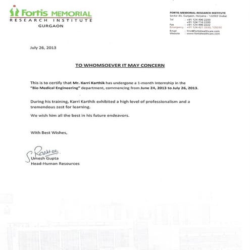Fortis Internship Certificate Pdf