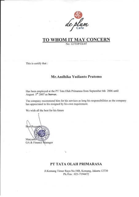 Recommendation Letter - Hotel Mulia Nusa Dua Bali | PDF | Hotels and Motels | Travel Type