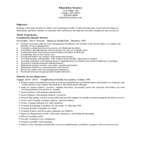 2016 Linc. Community Healthcare Worker Resume | DOCX
