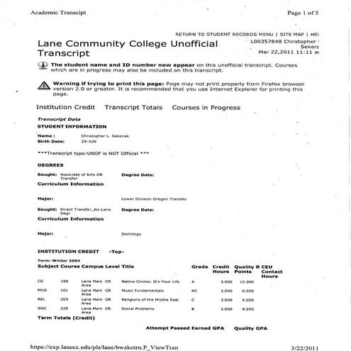 Lane Community College Unoffical Transcript (1) | PDF | College ...