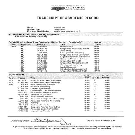 Kelly lin Academic transcript page One | PDF