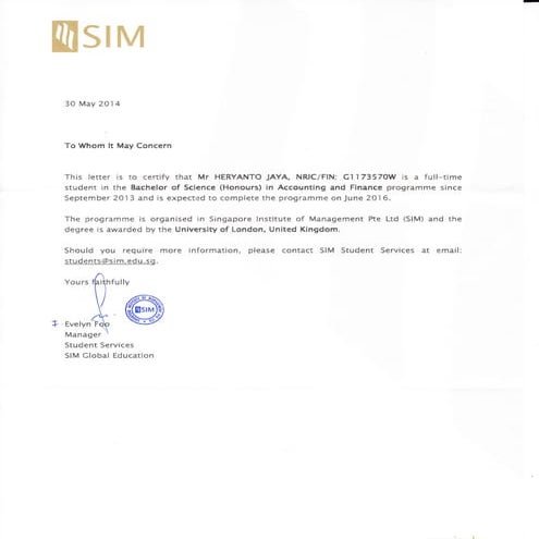 Reference letter from SIM | PDF