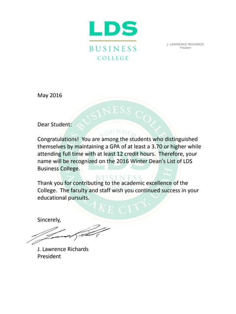 S15 Deans List Letter | PDF