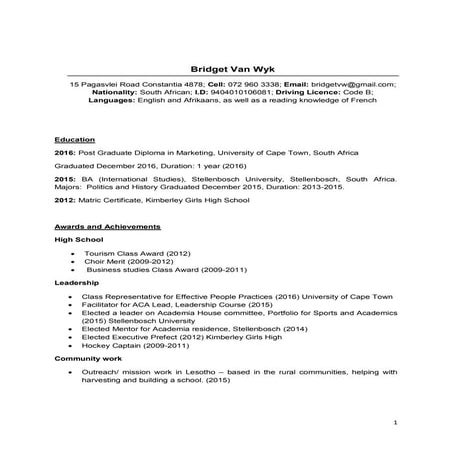 Bridget Van Wyk CV B | PDF