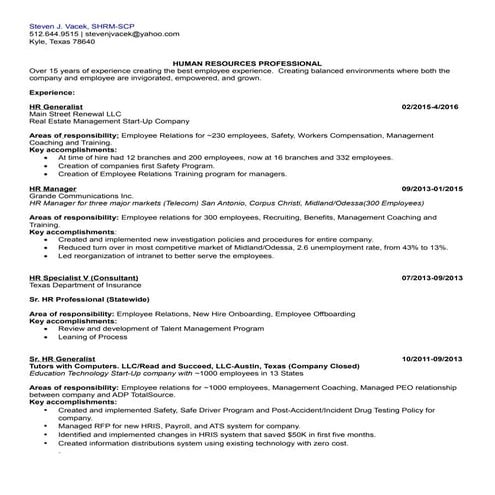 Vacek Steven SHRM-SCP Resume Final | PDF