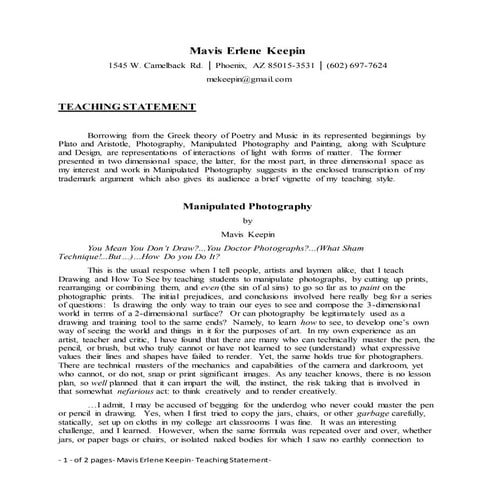 Mavis Erlene Keepin Teaching Statement for U of C | DOCX