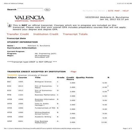 Unofficial Transcript | PDF
