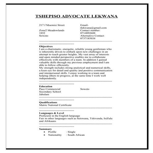 Tshepiso Advocate Lekwana cv | DOC | Business | Business and Finance