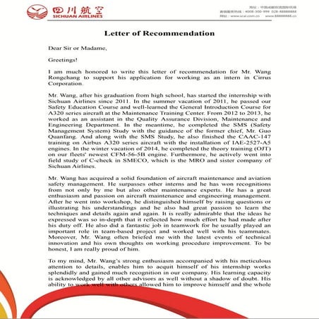 Letter of Recommendation from Sichuan Airlines | PDF
