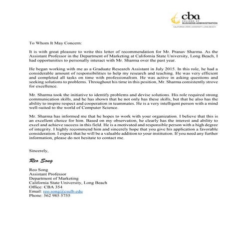 AndrewWagar-Letter of Recommendation-Research Assistant | PDF