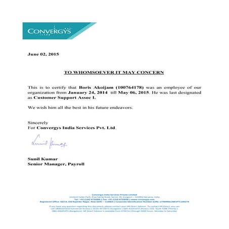 CONVERGYS exp LETTER | PDF