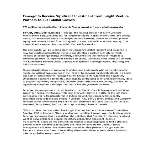 Fenergo to Receive Significant Investment from Insight Venture Partners ...