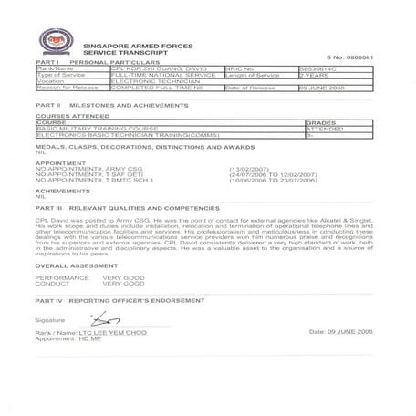 Singapore Armed Forces - Service Transcript | PDF