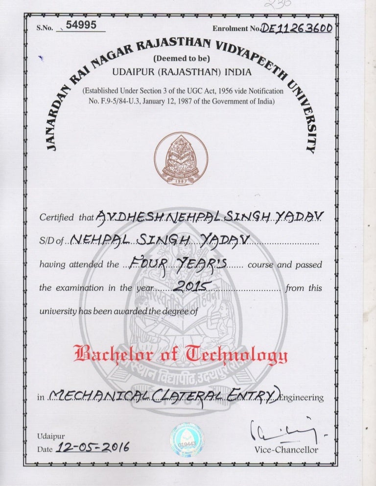 Bachelor Of Technology Mechanical Final Certificate