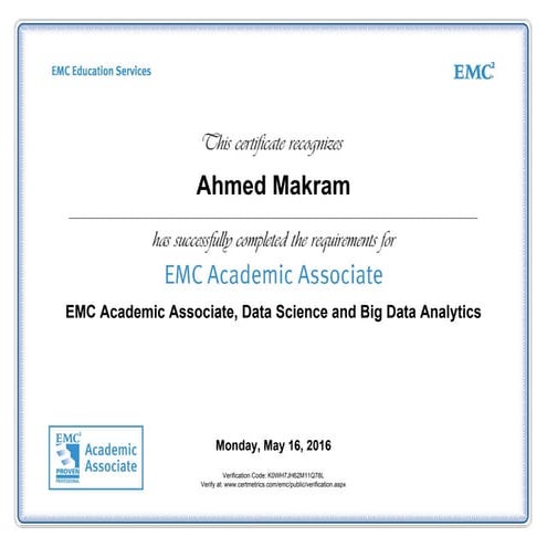 EMC Academic Associate, Data Science and Big Data Analytics certificate ...
